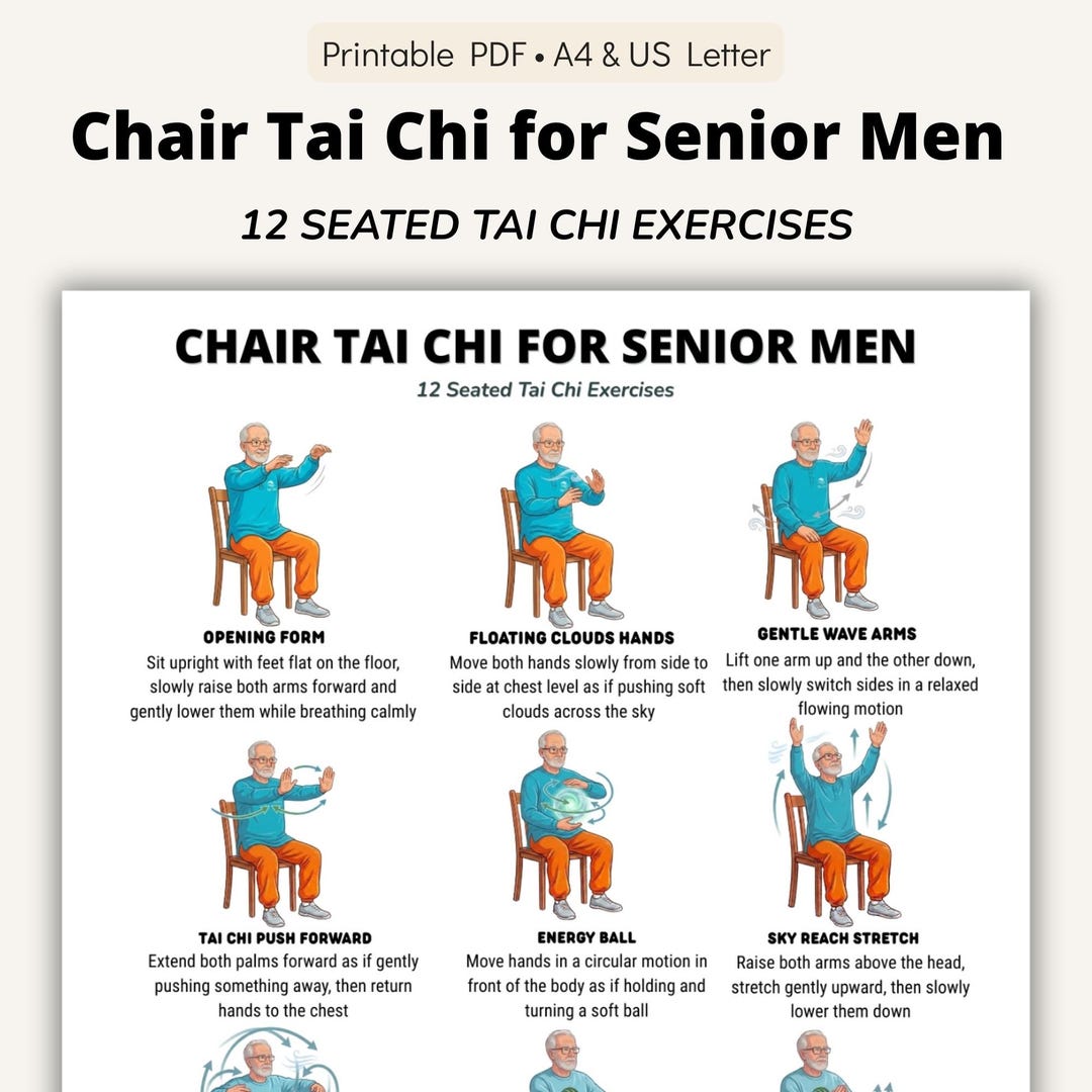 Chair Tai Chi for Senior Men Printable Chart, 12 Seated Tai Chi ...