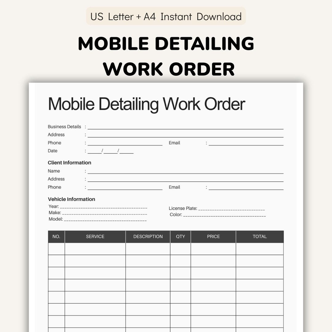 Mobile Detailing Work Order Printable PDF, Car Detailing Service Form ...