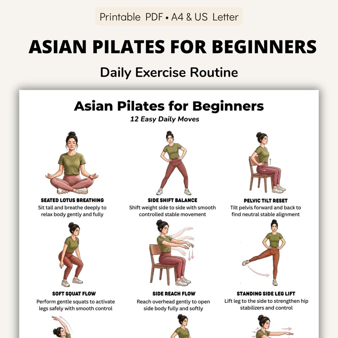 Asian Pilates for Beginners Printable Chart, Daily Exercise Routine ...