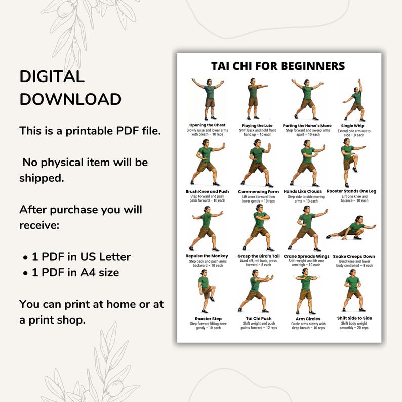 Tai Chi for Beginners Printable Chart, Step by Step Tai Chi Forms, Tai ...