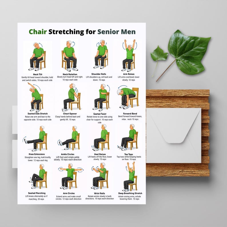 Chair Stretching Exercises for Senior Men Printable PDF, Seated Stretch ...