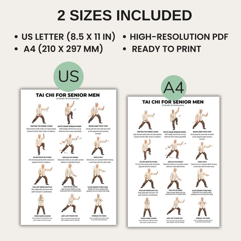 Tai Chi for Senior Men Printable Chart, 12 Tai Chi Exercises Poster ...