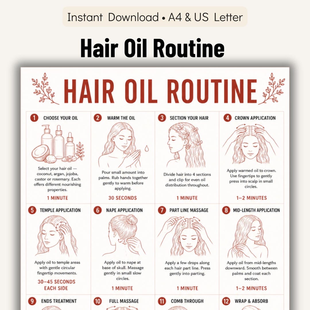 Hair Oil Routine Printable Chart, 16 Steps for Nourishing and Relaxing ...