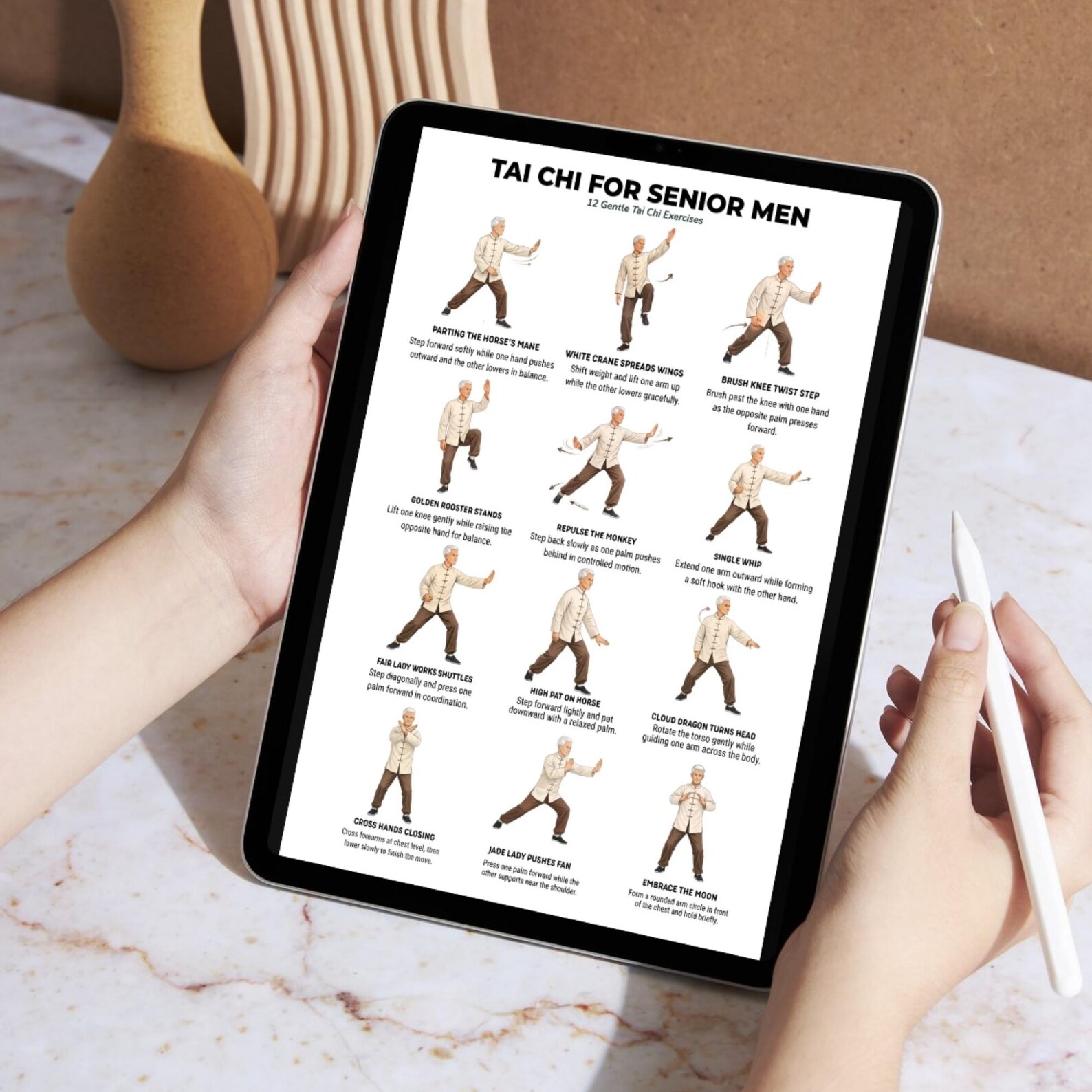 Tai Chi for Senior Men Printable Chart, 12 Tai Chi Exercises Poster ...