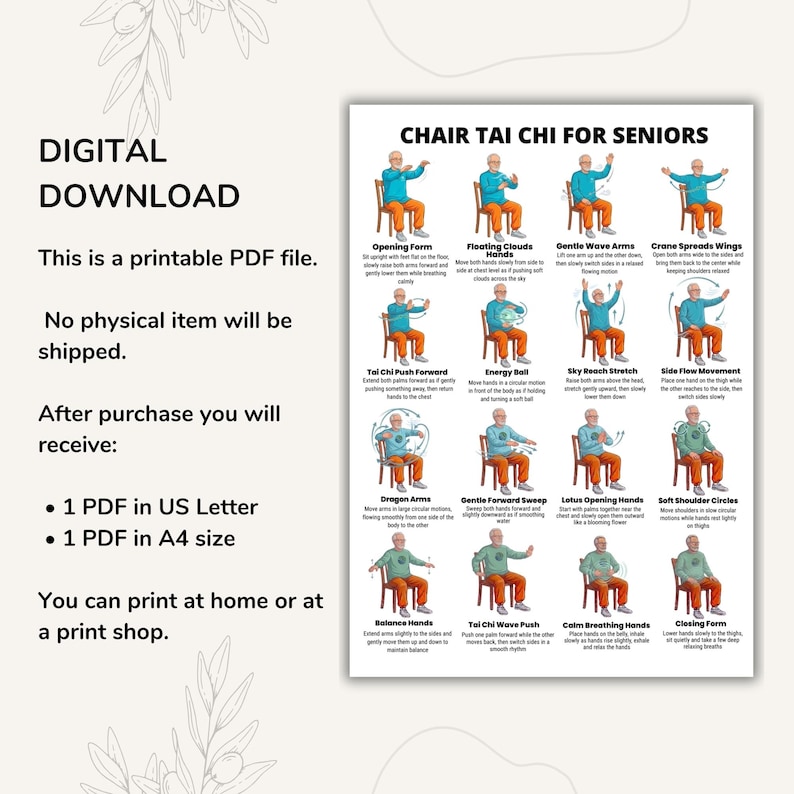 Chair Tai Chi for Seniors Printable Chart, Seated Tai Chi Exercises PDF ...