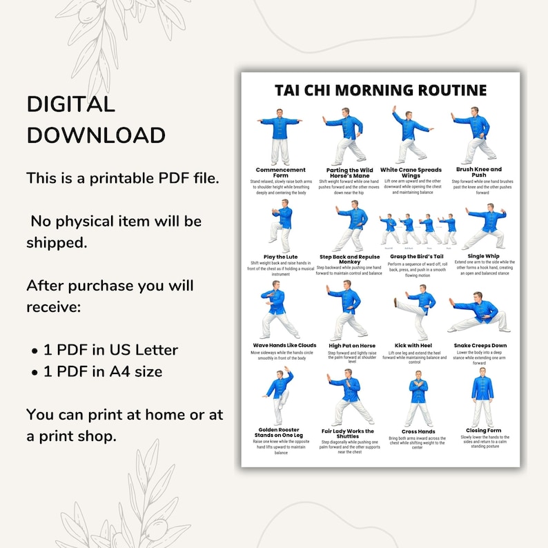 Tai Chi Morning Routine Printable Chart, Tai Chi Forms PDF, Morning ...
