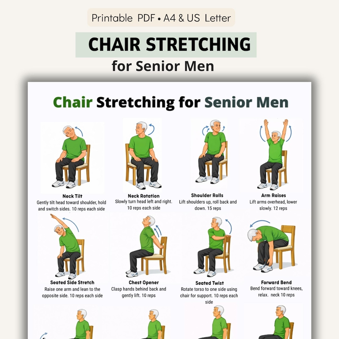 Chair Stretching Exercises for Senior Men Printable PDF, Seated Stretch ...