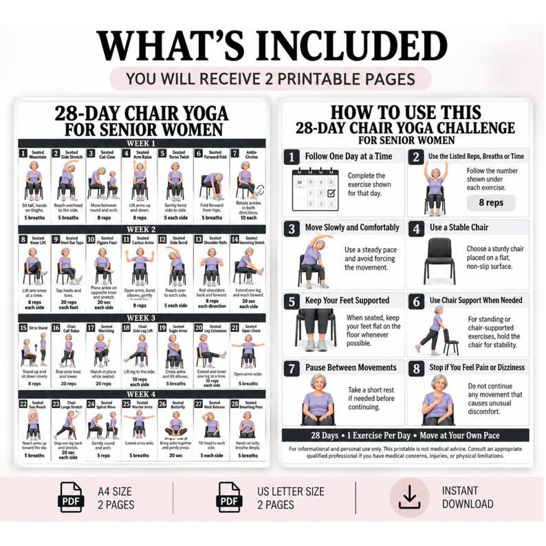 28 Day Chair Yoga for Senior Women, Seated Yoga Challenge, Printable ...