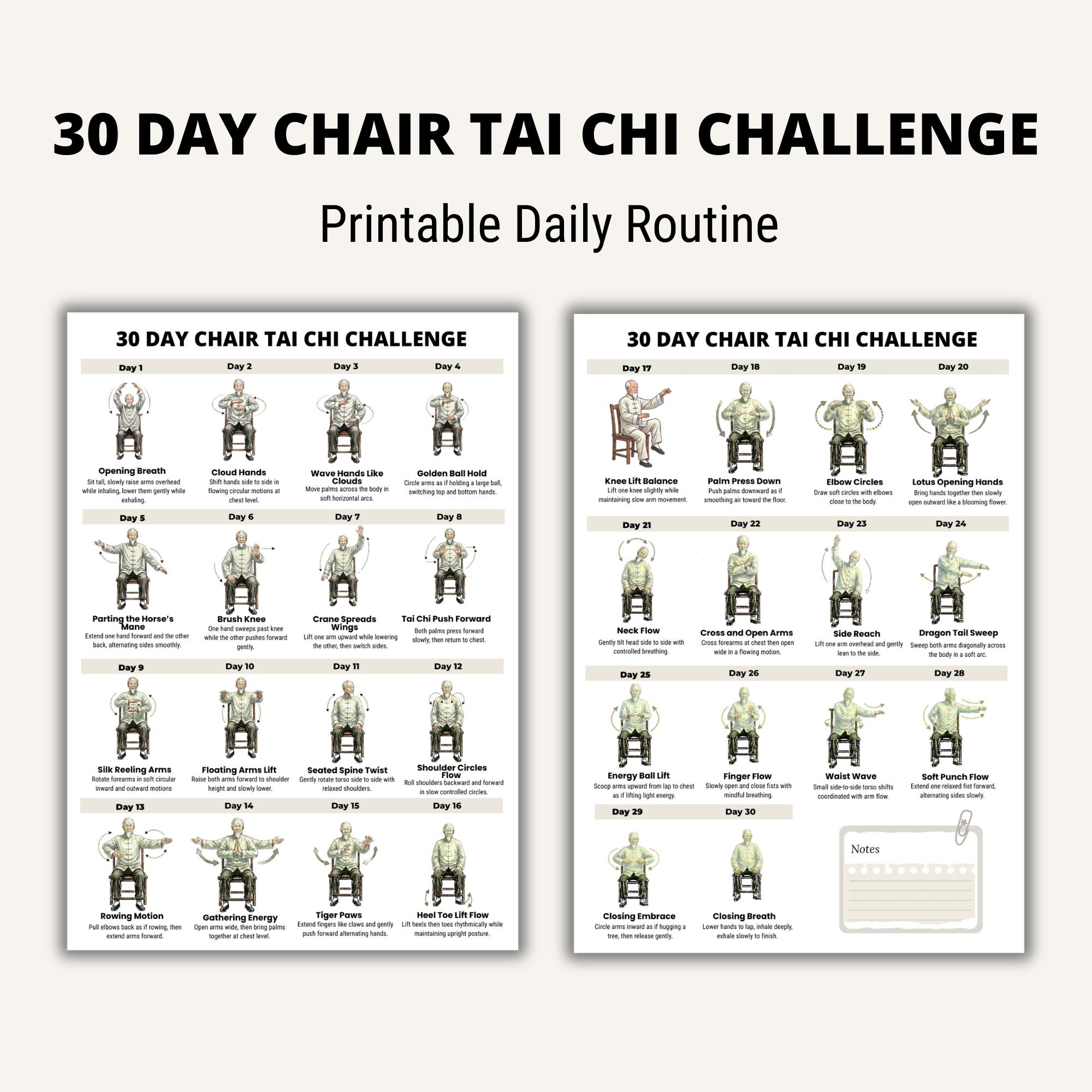 30 Day Chair Tai Chi Challenge Printable Chart, Seated Tai Chi ...
