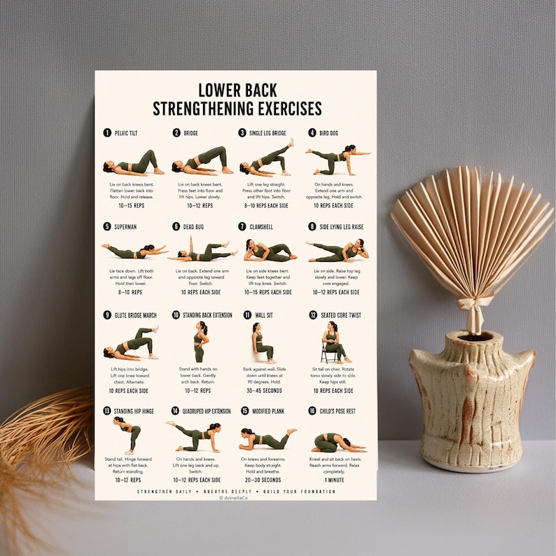 Lower Back Strengthening Exercises Printable Chart, 16 Gentle Movements ...