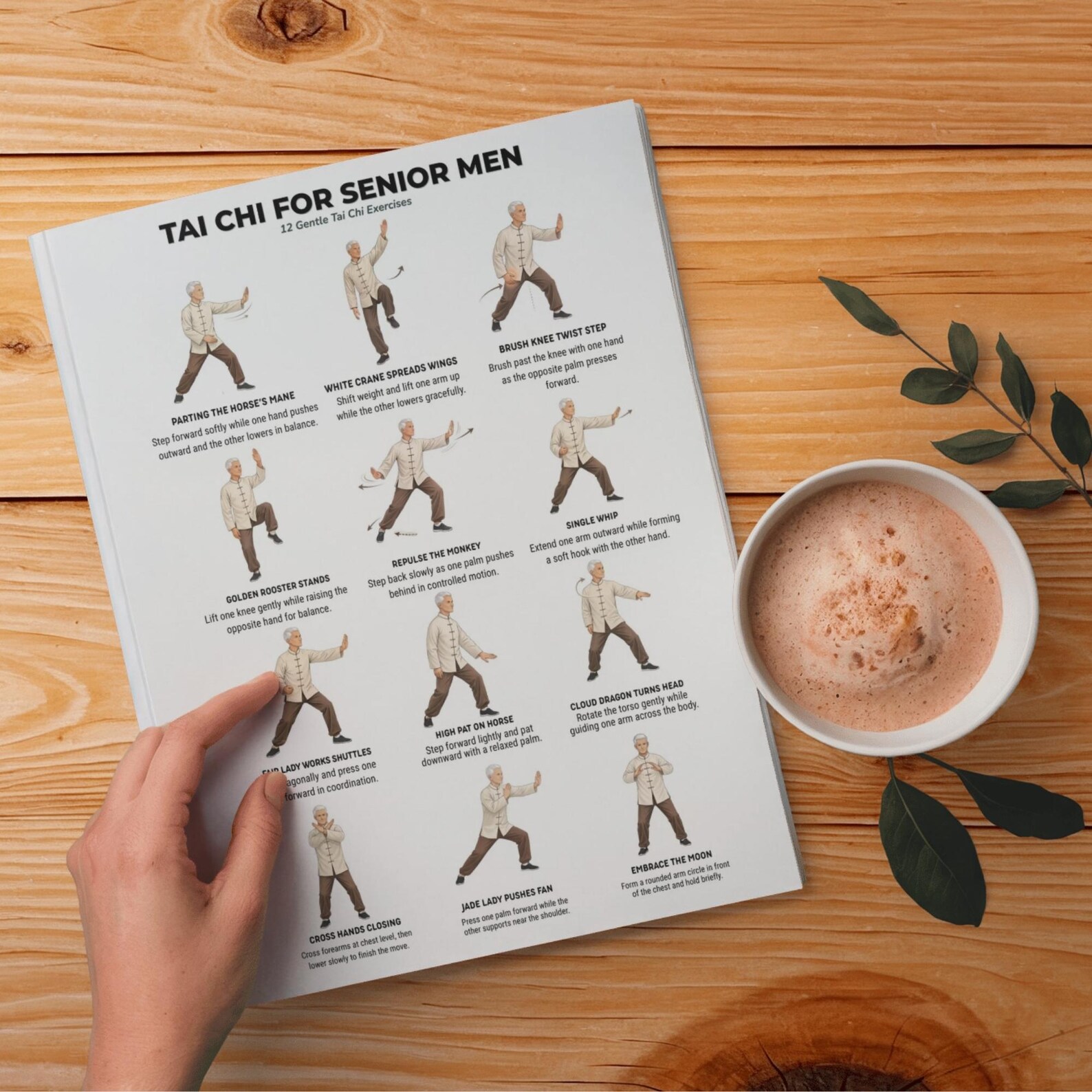 Tai Chi for Senior Men Printable Chart, 12 Tai Chi Exercises Poster ...