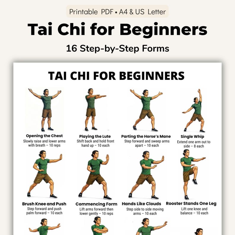 Tai Chi for Beginners Printable Chart, Step by Step Tai Chi Forms, Tai ...