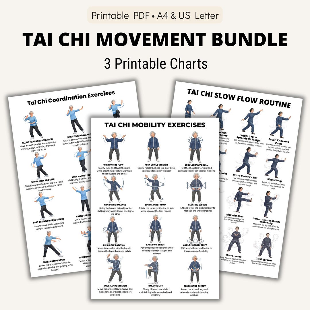 Tai Chi Movement Bundle Printable Charts, Tai Chi Slow Flow Routine ...
