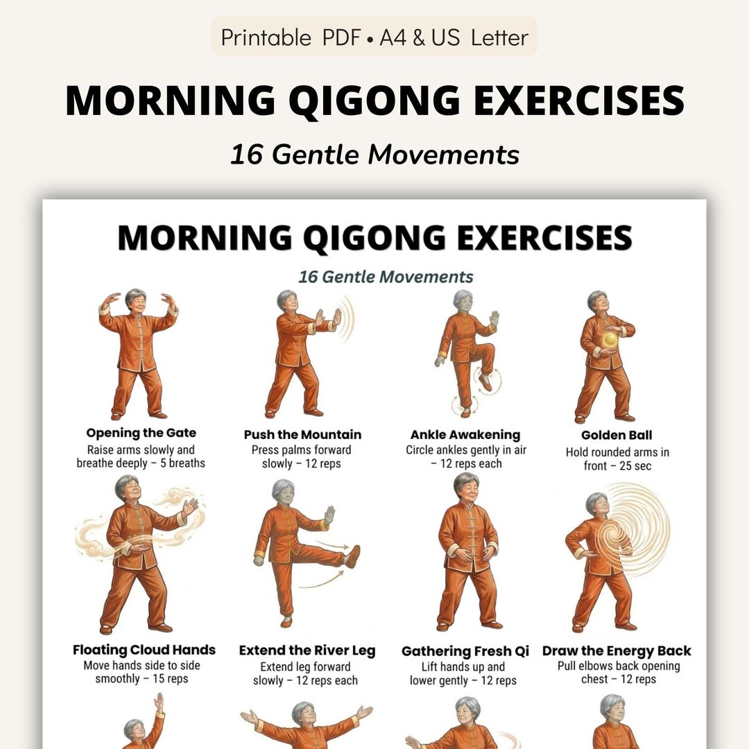Morning Qigong Exercises Printable Chart, 16 Gentle Movements, Beginner ...