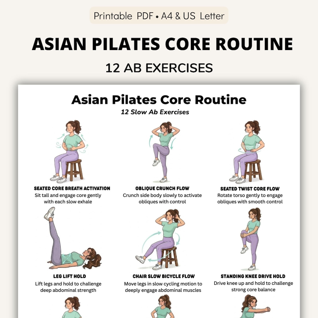 Asian Pilates Core Routine Printable Chart, Ab Exercises for Beginners ...