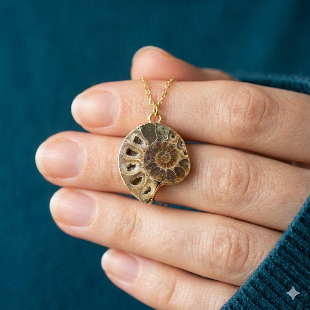 Real Ammonite Fossil Pendant, Brass Spiral Necklace, Ancient Sea Shell ...