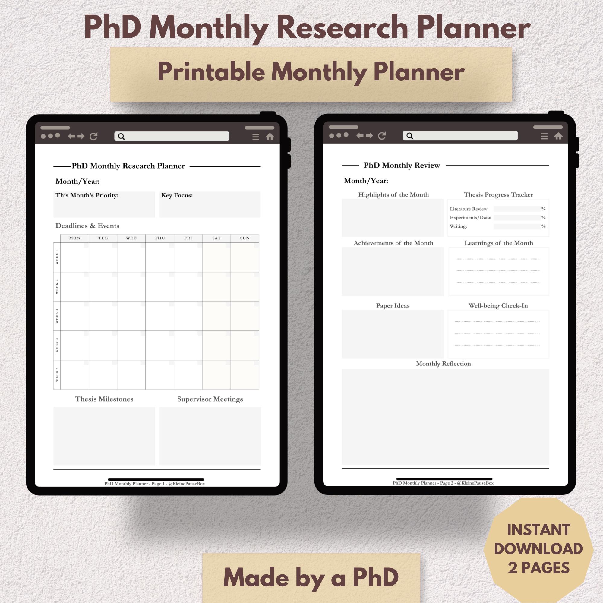Phd Monthly Planner Printable | Monthly Review | Academic Planner PDF ...
