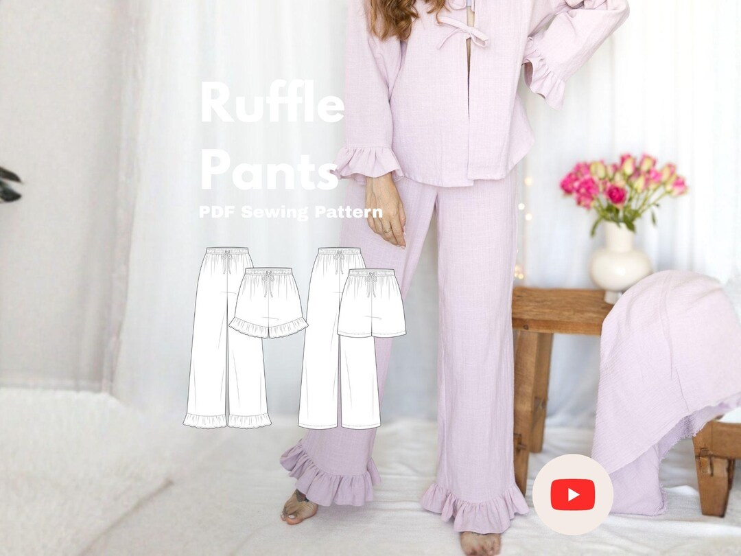 Ruffle Wide Leg Pants PDF Sewing Pattern | Elastic Waist Pajama Pants ...