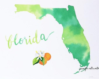 Florida Print Watercolor Map Poster Miami Home Room Decor