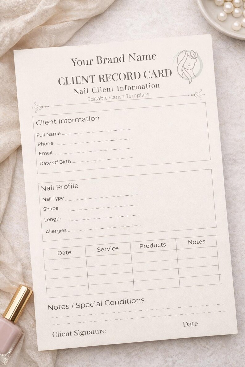 Nail Client Record Card Template Editable Canva Nail Salon Client Form ...