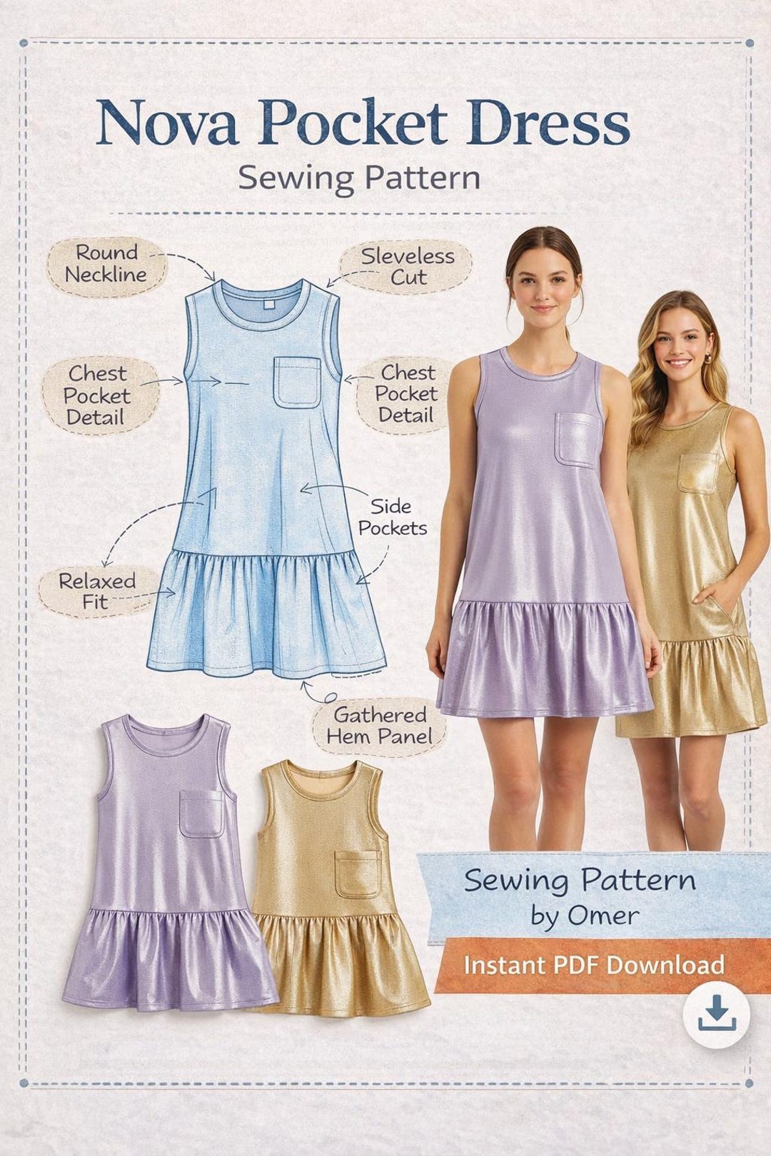 Nova Pocket Dress Sewing Pattern, Relaxed Fit, Side Pockets (PDF ...