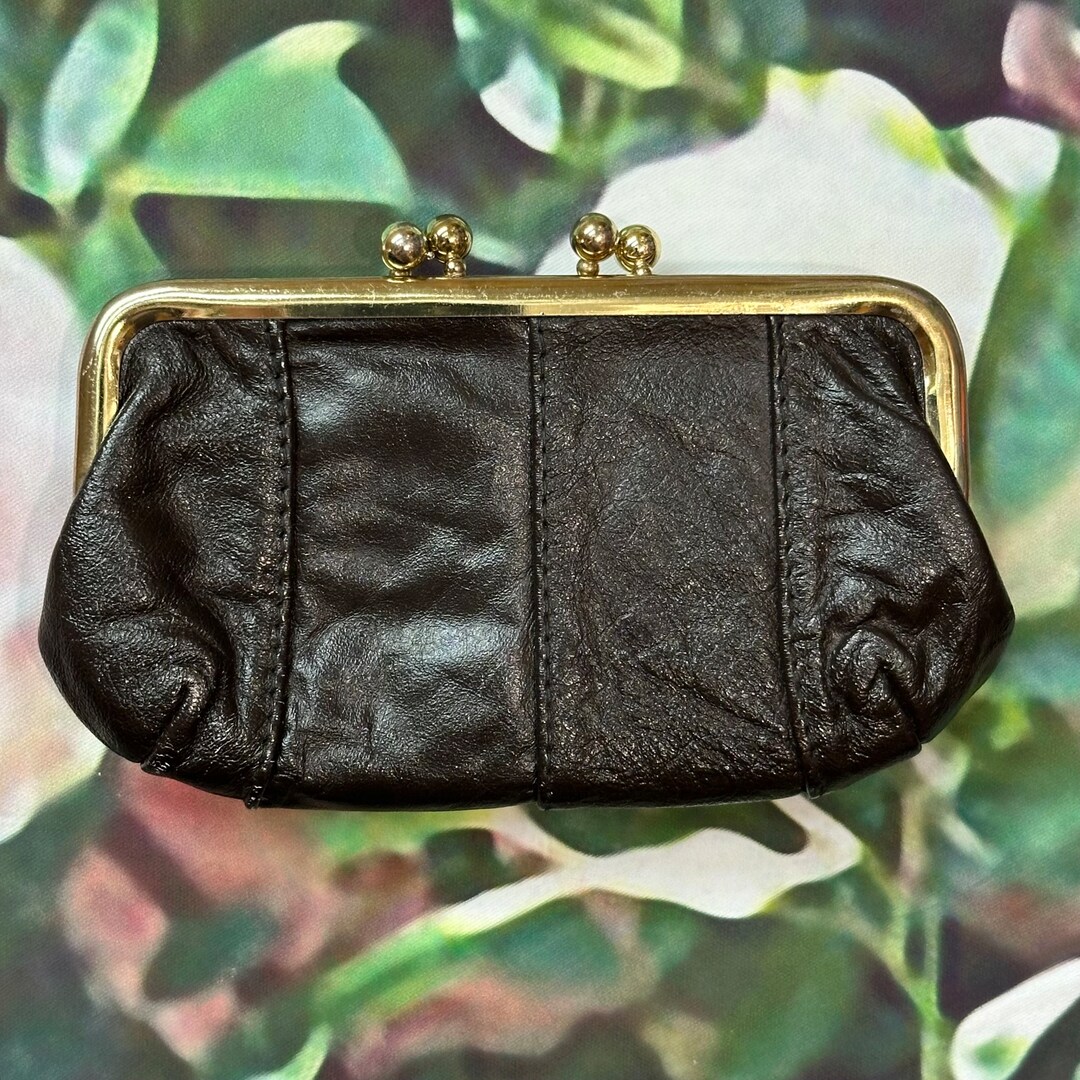 60s Brown Leather Small Pouch Double Kisslock Compartments - Etsy
