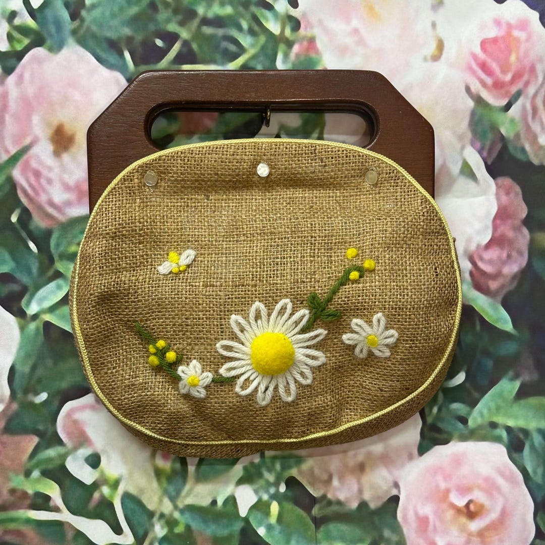 70s Bermuda Bag Floral Embroidery Purse Wood Handle Removable Cover - Etsy