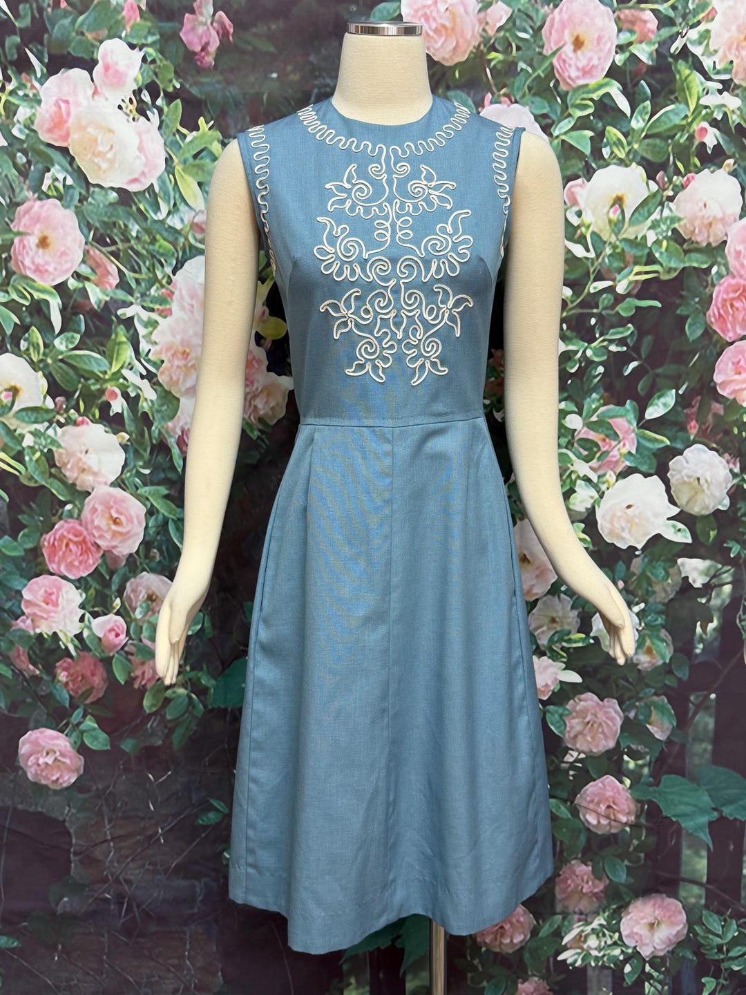 60s Pat Premo Blue Fit Flare Dress Passementerie Embroidery - Etsy