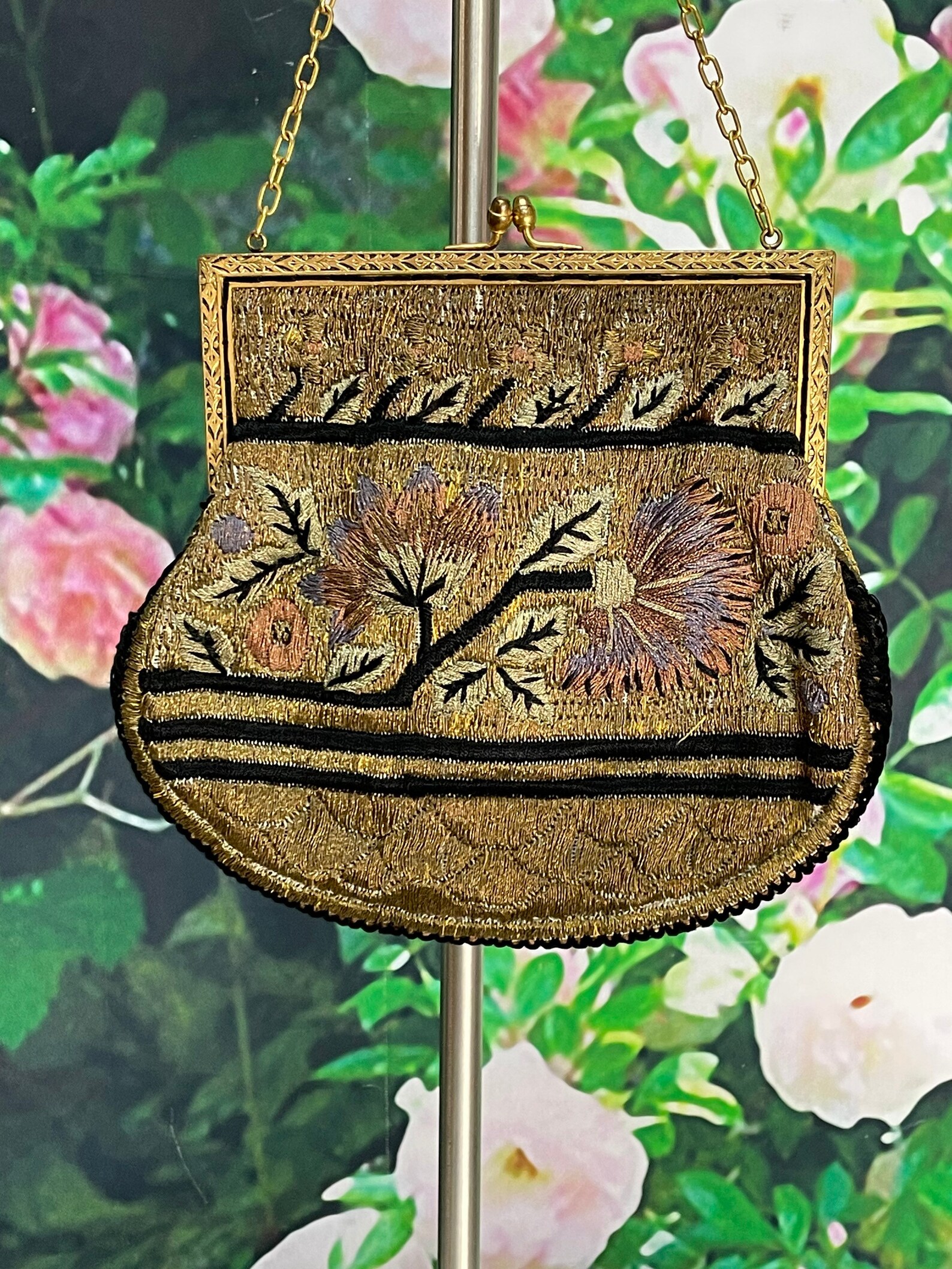Antique French 1910 Gold Thread Purse Embroidered Floral - Etsy