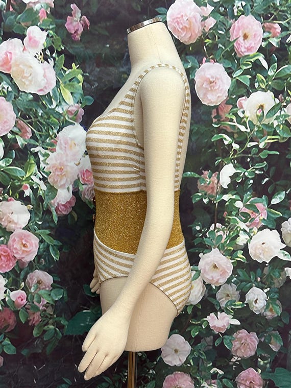 80s Gottex Gold Lurex Stripe Swimsuit Bathing Suit Ma… - Gem