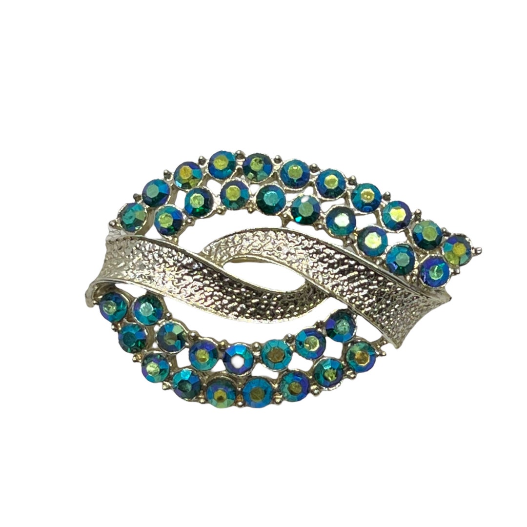 60s Blue Peacock Ab Rhinestone Leaf Brooch Etsy