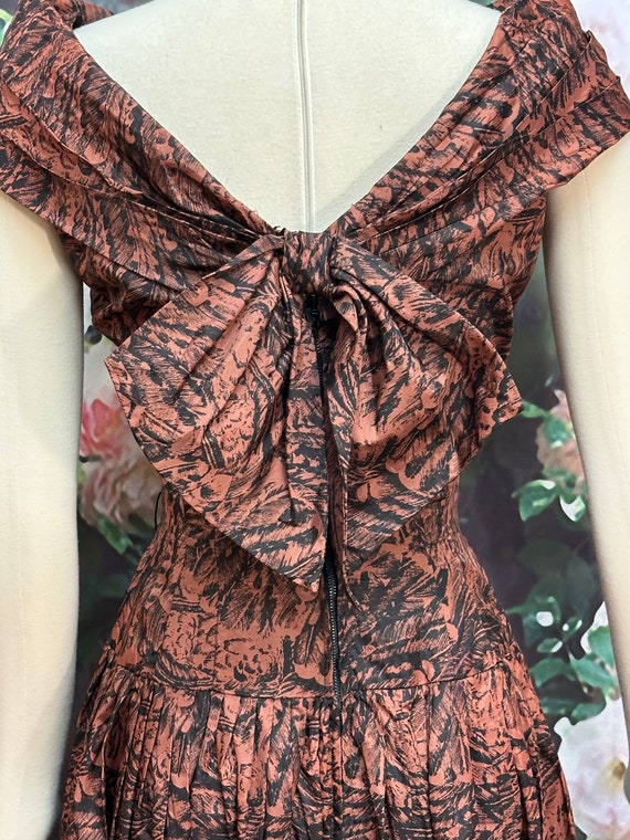 50’s Brown Patterned Taffeta Dress Cowl Neck Back Bow - Gem