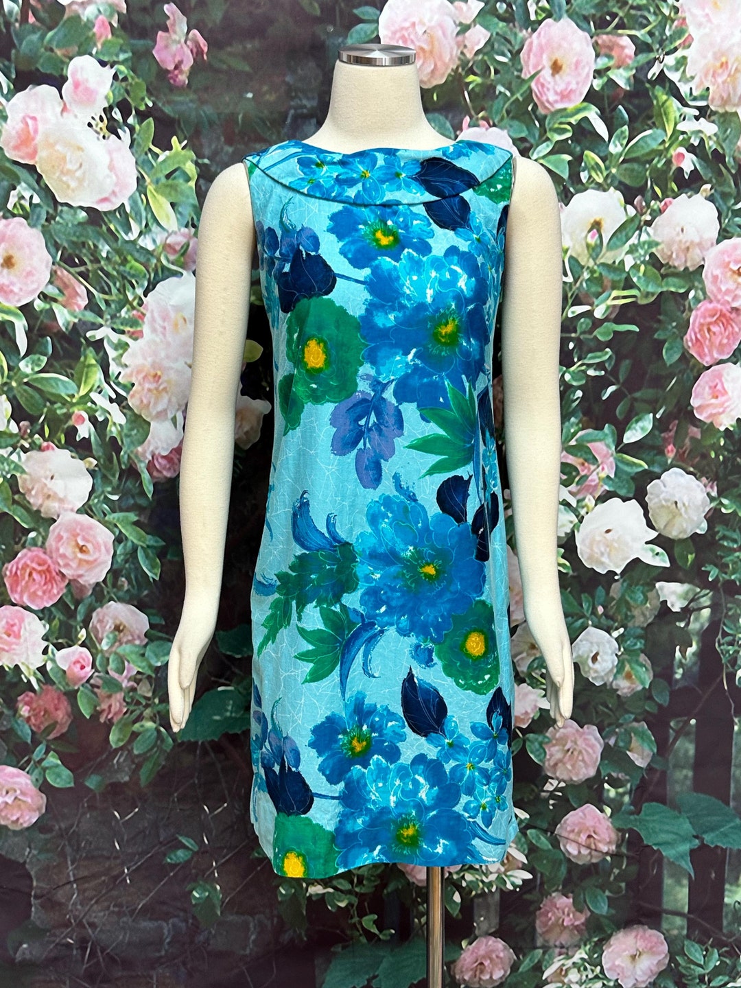 60s Blue Floral Cotton Tropical Dress Cowl Neck Tiki Dress - Etsy
