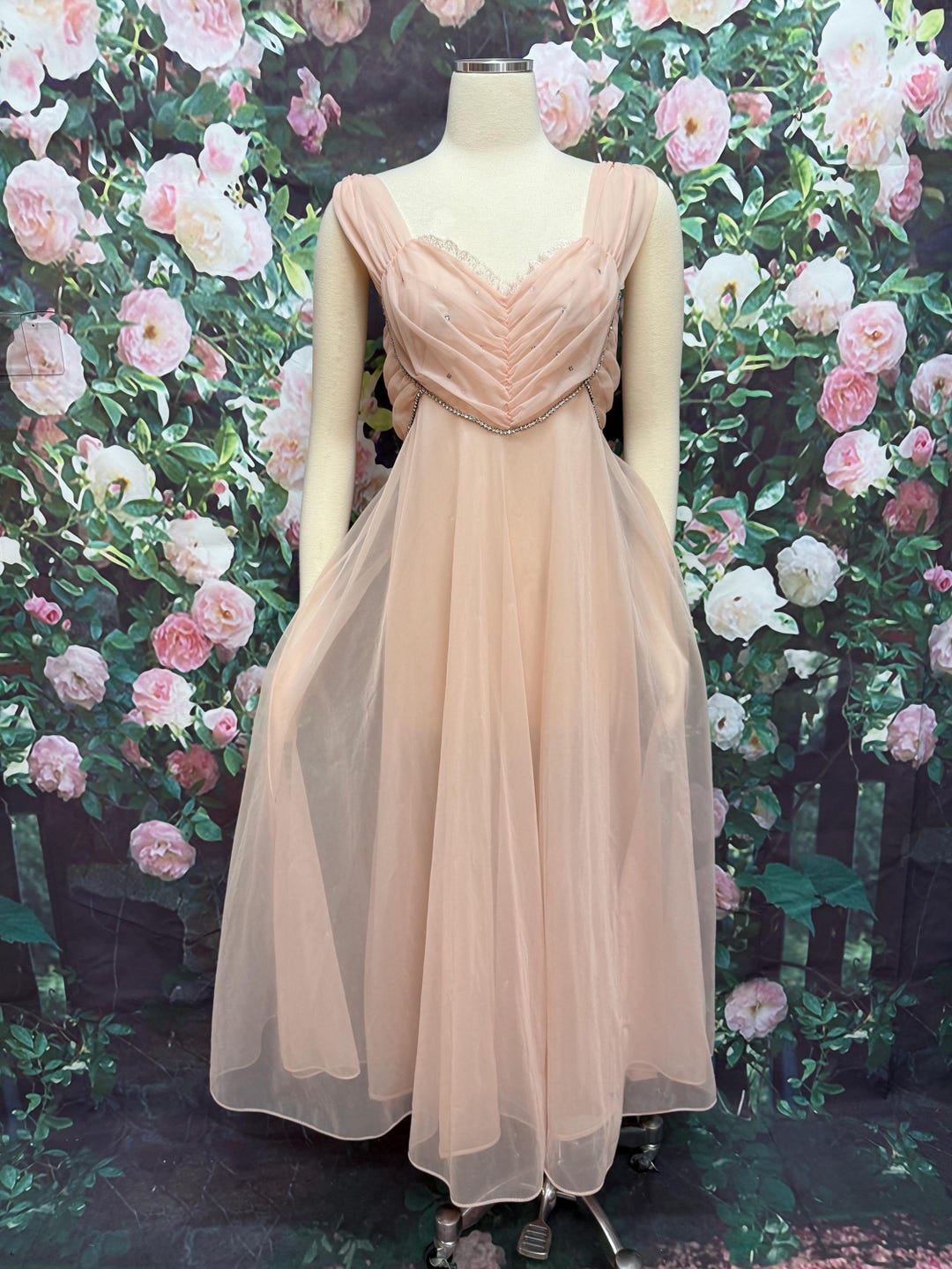 40s Pink Chiffon Rhinestone Negligee Nightgown - Etsy