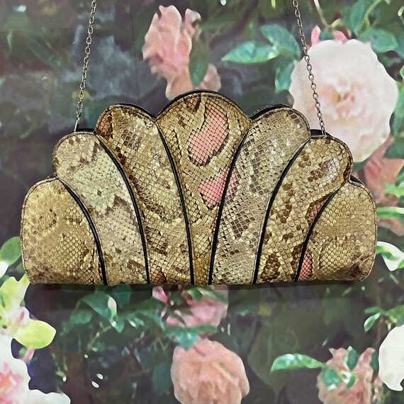 70s Caprice Scalloped Python Purse Pastel Snake Clutch - Gem