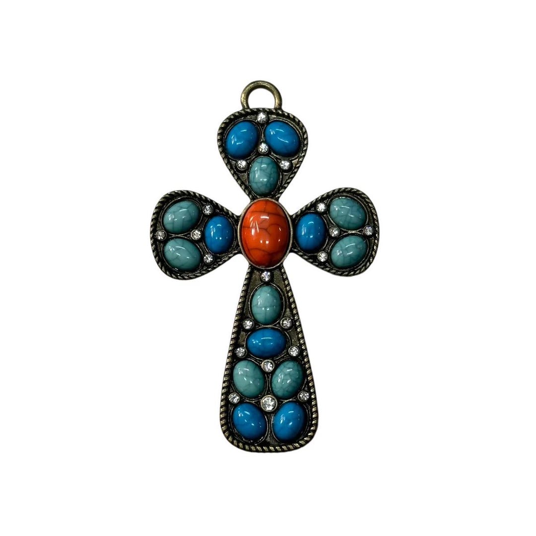 Vintage Large Pectoral Cross Pendant Faux Turquoise Rhinestones - Etsy