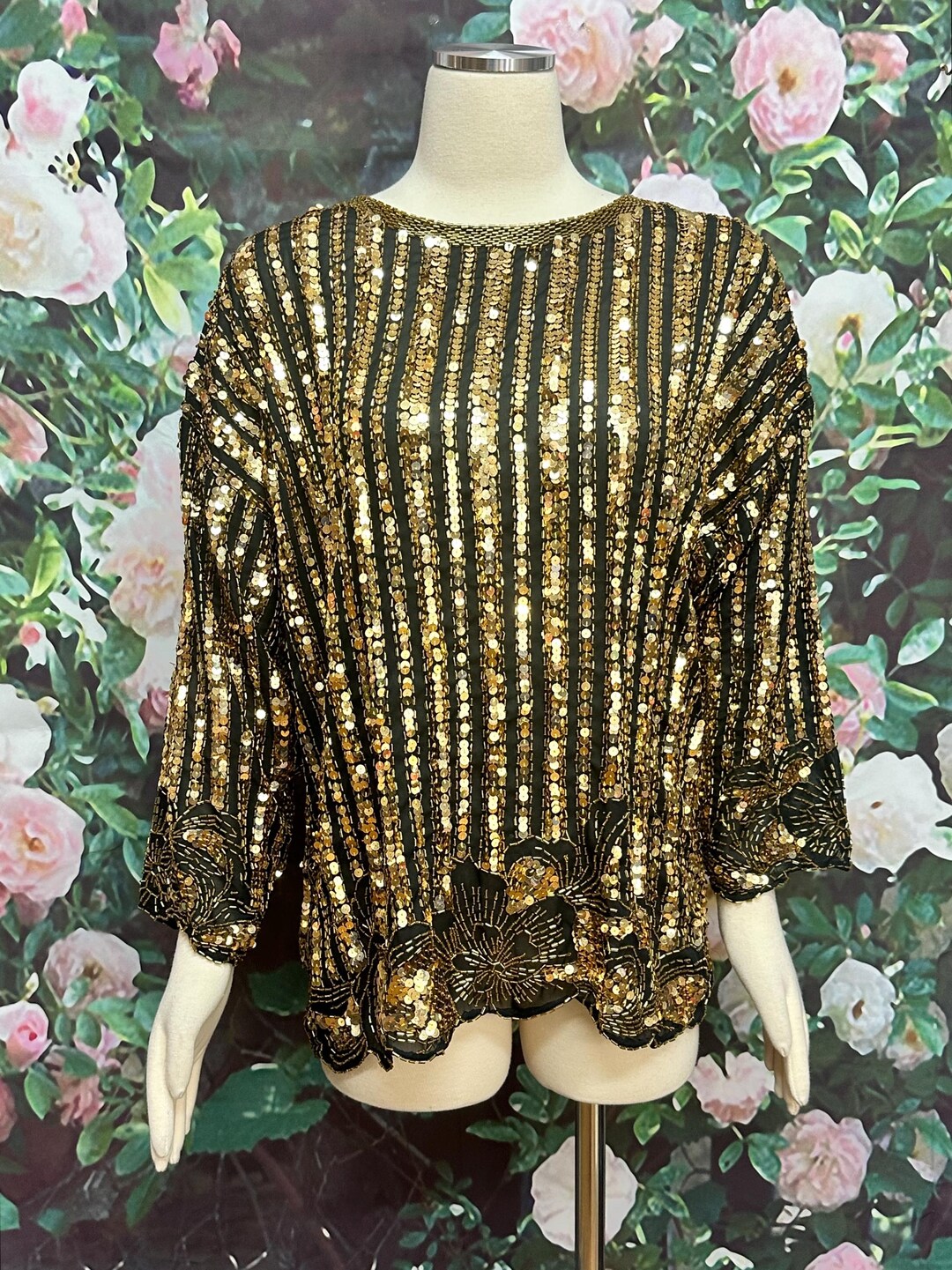 80s Princess Black Gold Sequin Blouse Large - Etsy