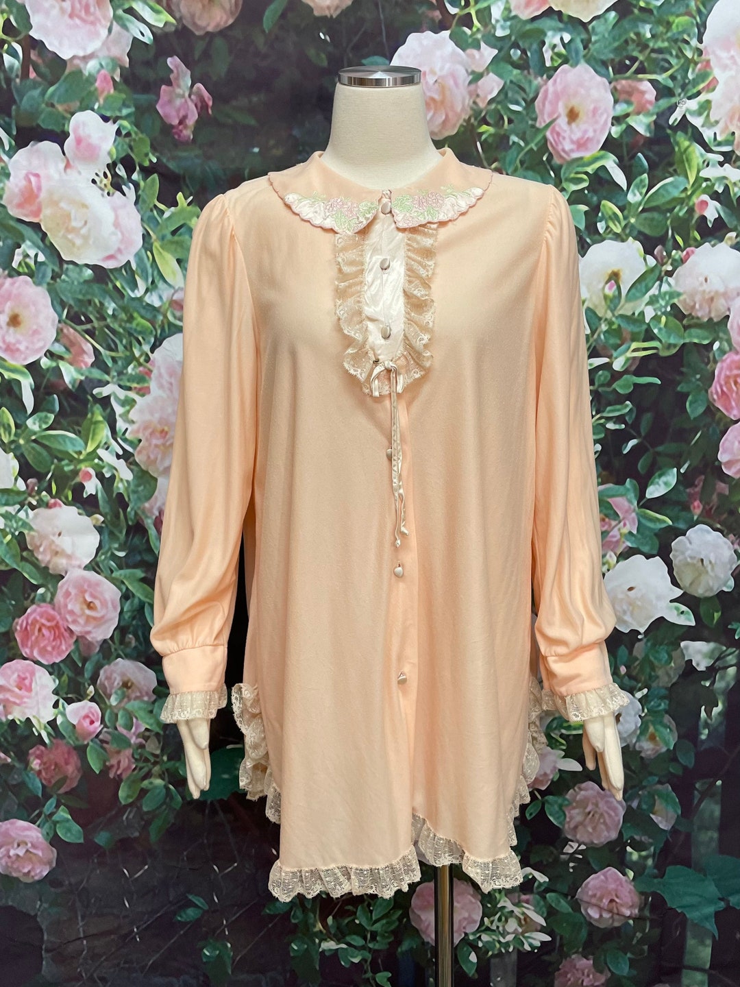 60s Lady Weldon Peach Robe Embroidered Collar Lace - Etsy