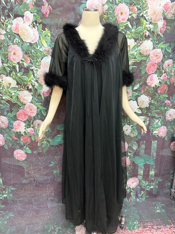 60s Black Chiffon Feather Peignoir Negligee Robe Nigh… - Gem