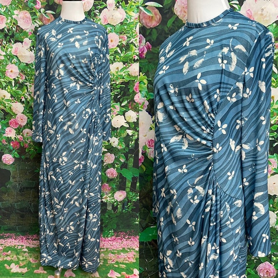 70s Henry Lee Blue Floral Maxi Dress Gathered Side - Gem