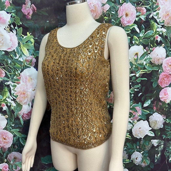 60s Cyn Les Gold sequin Beaded Shell Top - Gem