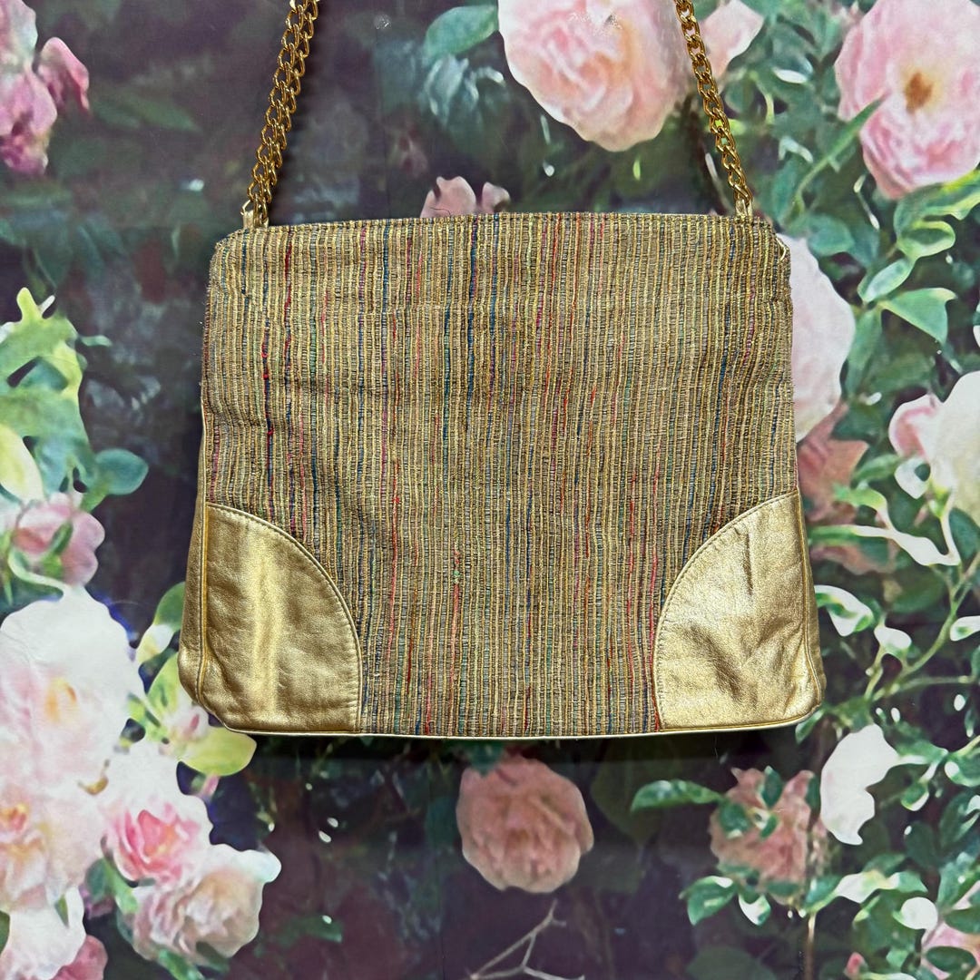 80s Bags by Pinky Gold Leather Purse Large Fabric Handbag - Etsy