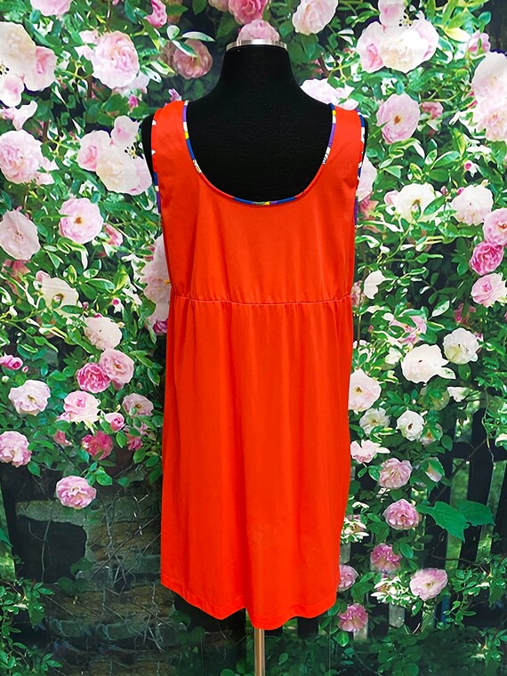 70s Radcliffe Red Nylon Nightgown Rainbow Flower Trim - Gem