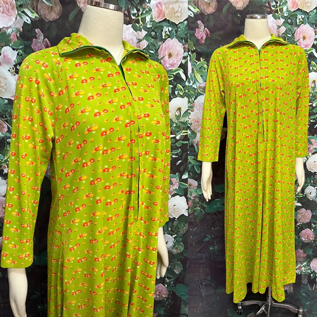 70s Groovy Lime Green Lounge Robe Hostess Dress Orange Trees - Etsy
