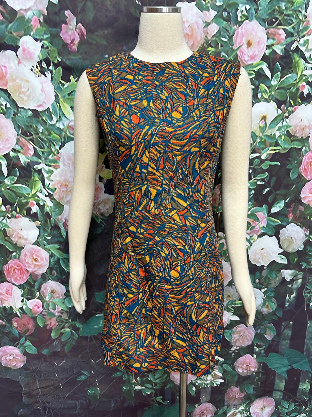60s Blue Abstract Print Shift Dress Sheath Dress - Etsy