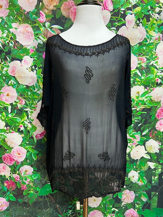 20s Blue Sheer Silk Floral Beaded Blouse Flapper - Gem