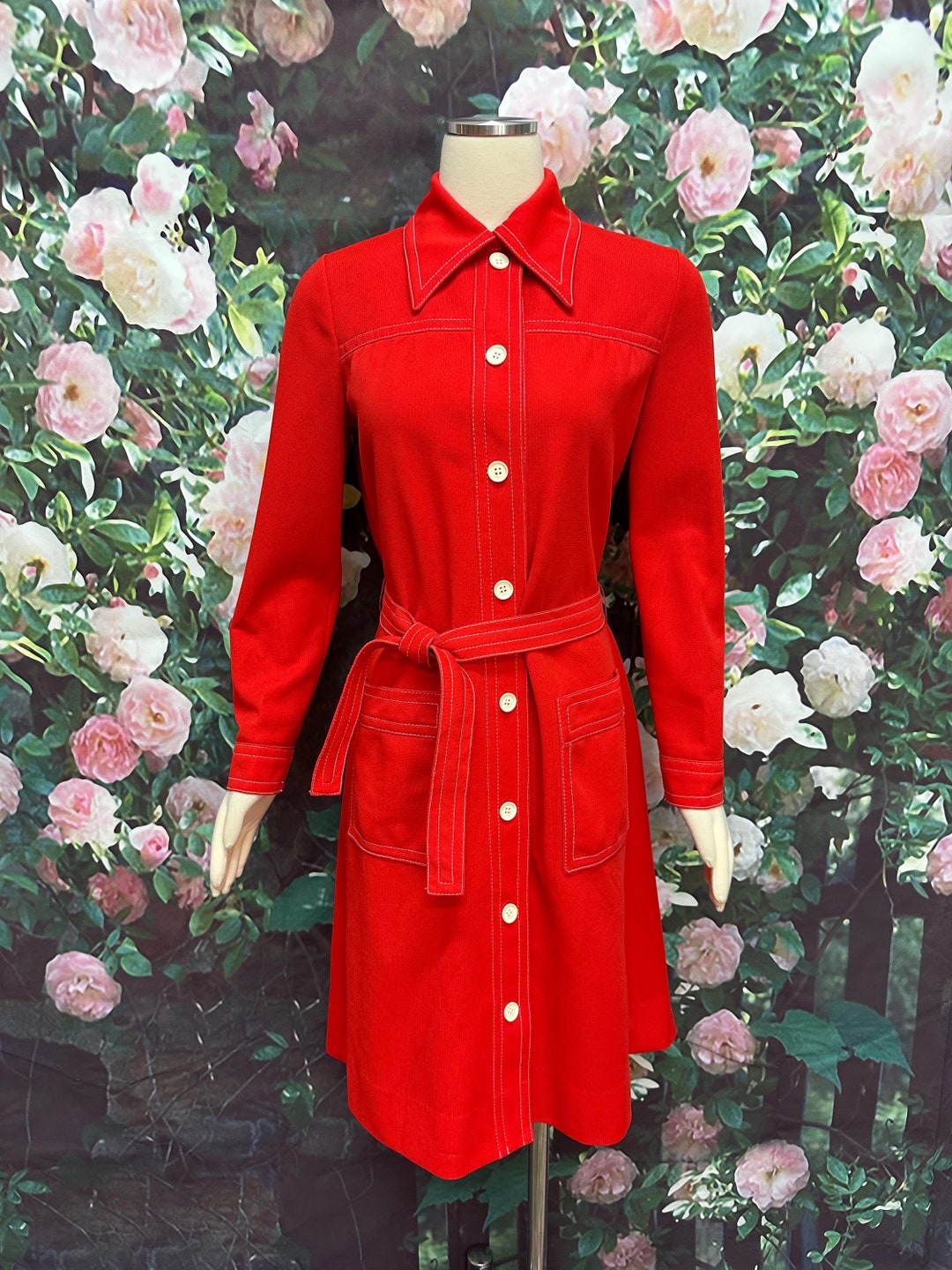 70s Butte Knits Red Belted Dress Dagger Collar Polyester Knit - Etsy