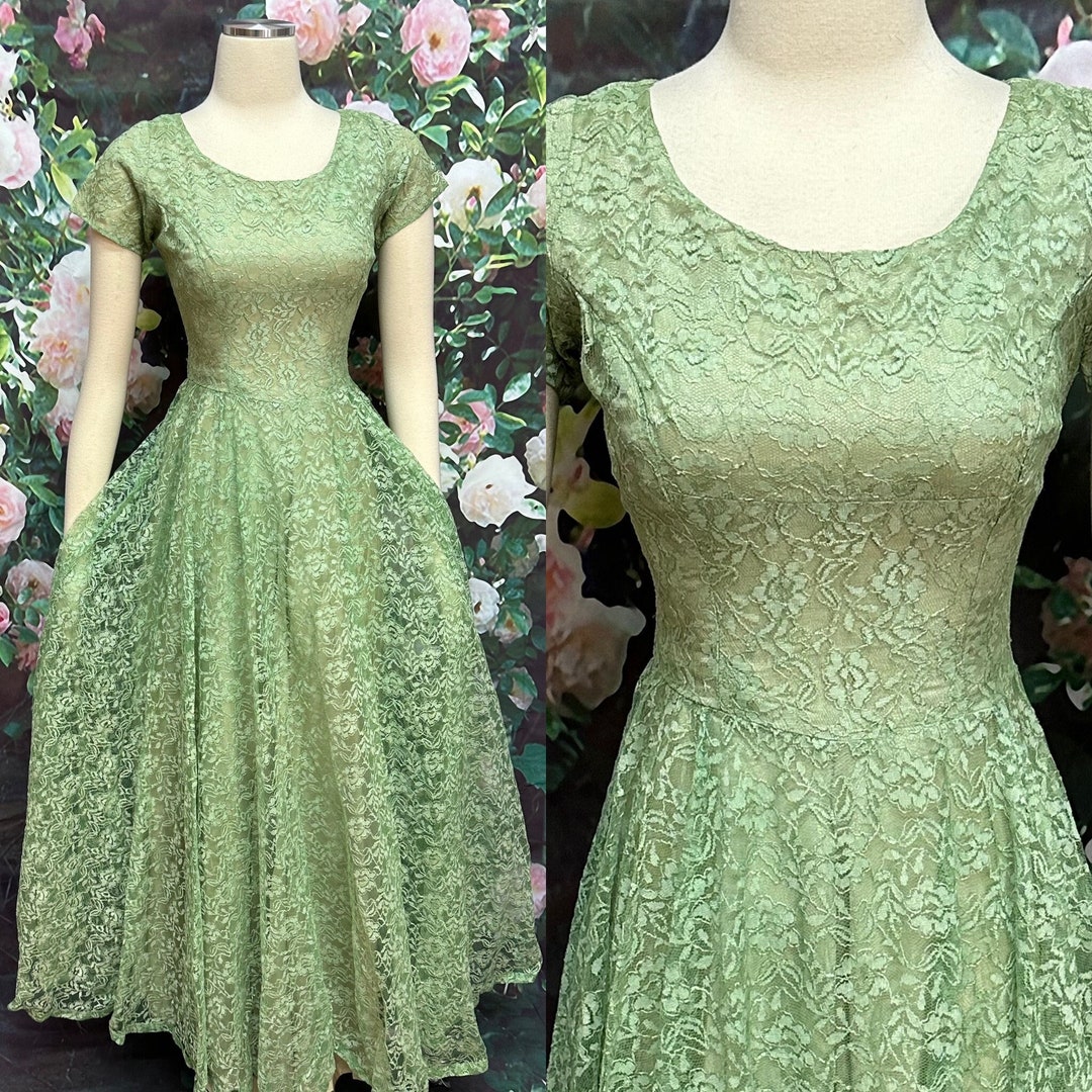 50s Green Floral Lace Evening Gown Maxi Dress - Etsy