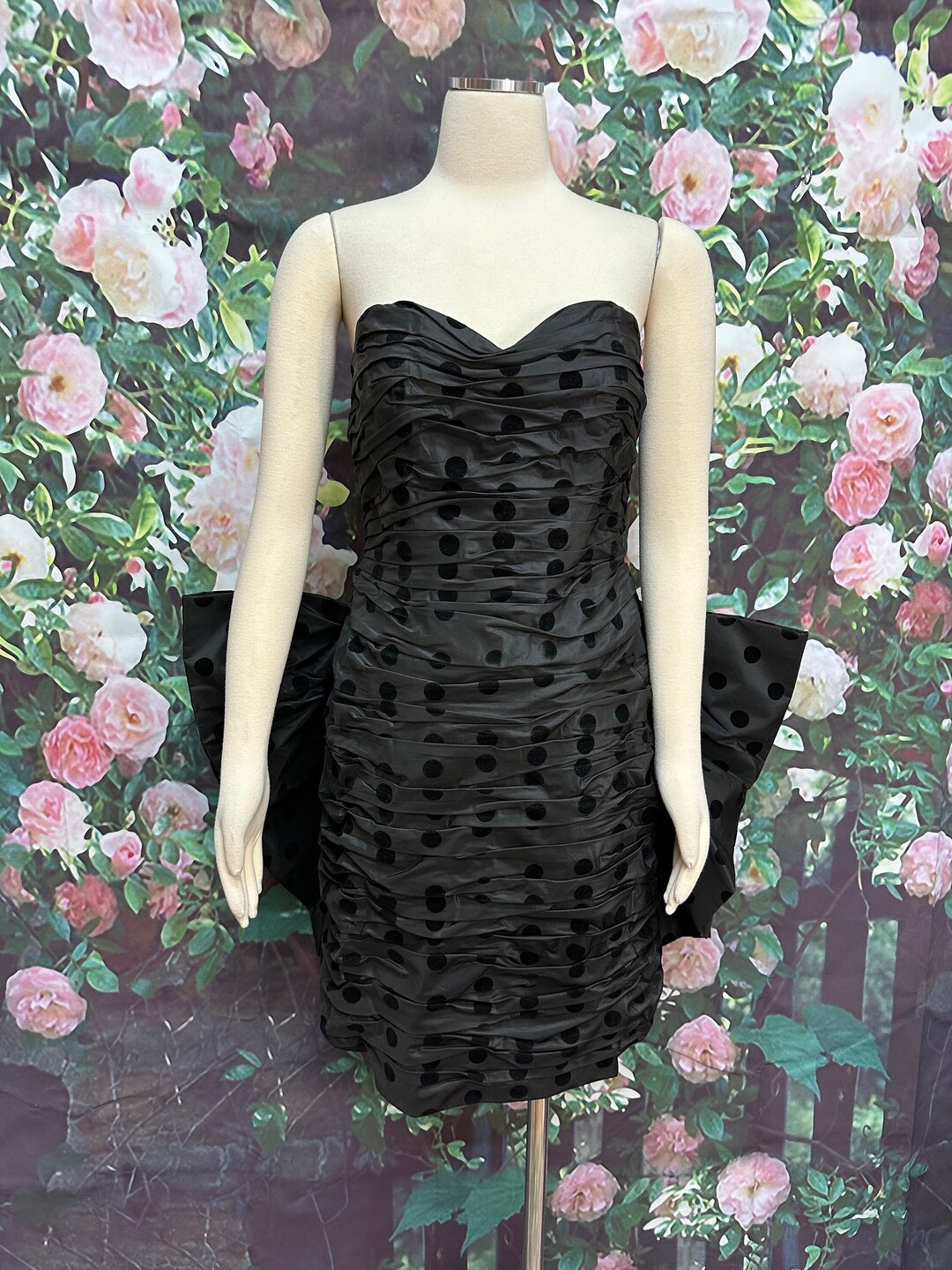 80s Peter Keppler Black Silk Strapless Dress Flocked Polka Dot - Etsy