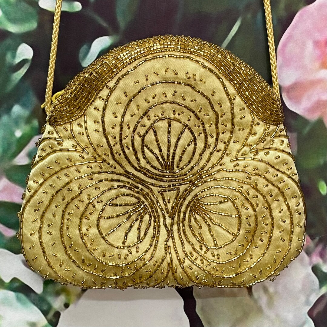 80s Magid Gold Satin Shoulder Purse Gold Beads - Etsy